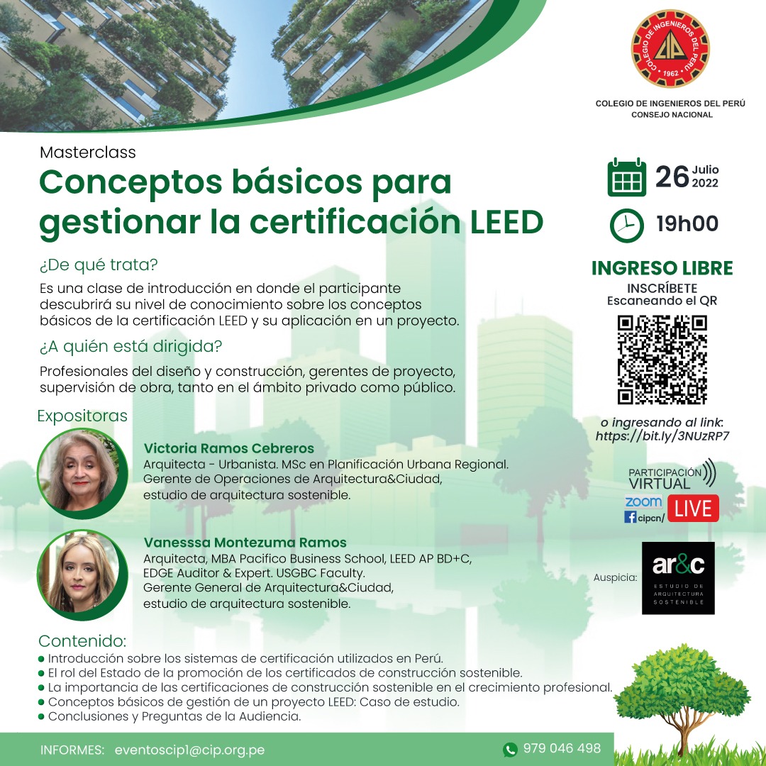 Flyer principal Masterclass Certificación LEED - E26JUL. - Colegio de Ingenieros del Perú